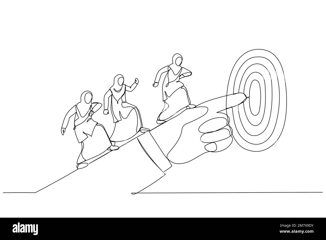 Cartoon of muslim businesswoman hand pointing to the target. One ...