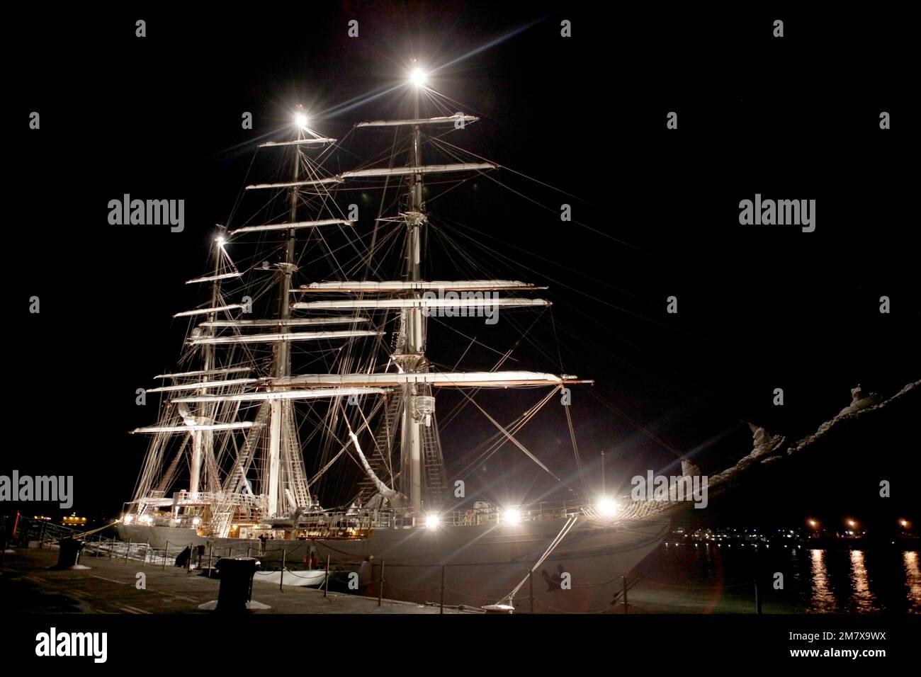 Omani Navy ship Shabab Oman II at night in Portsmouth harbour Stock ...