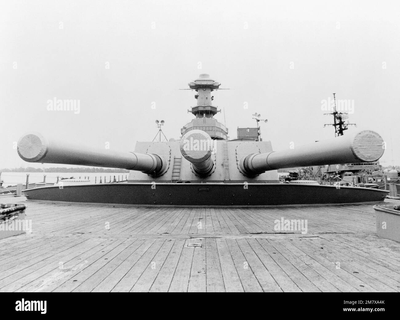 A view of three 16-inch/50-caliber guns, part of the battleship USS ...