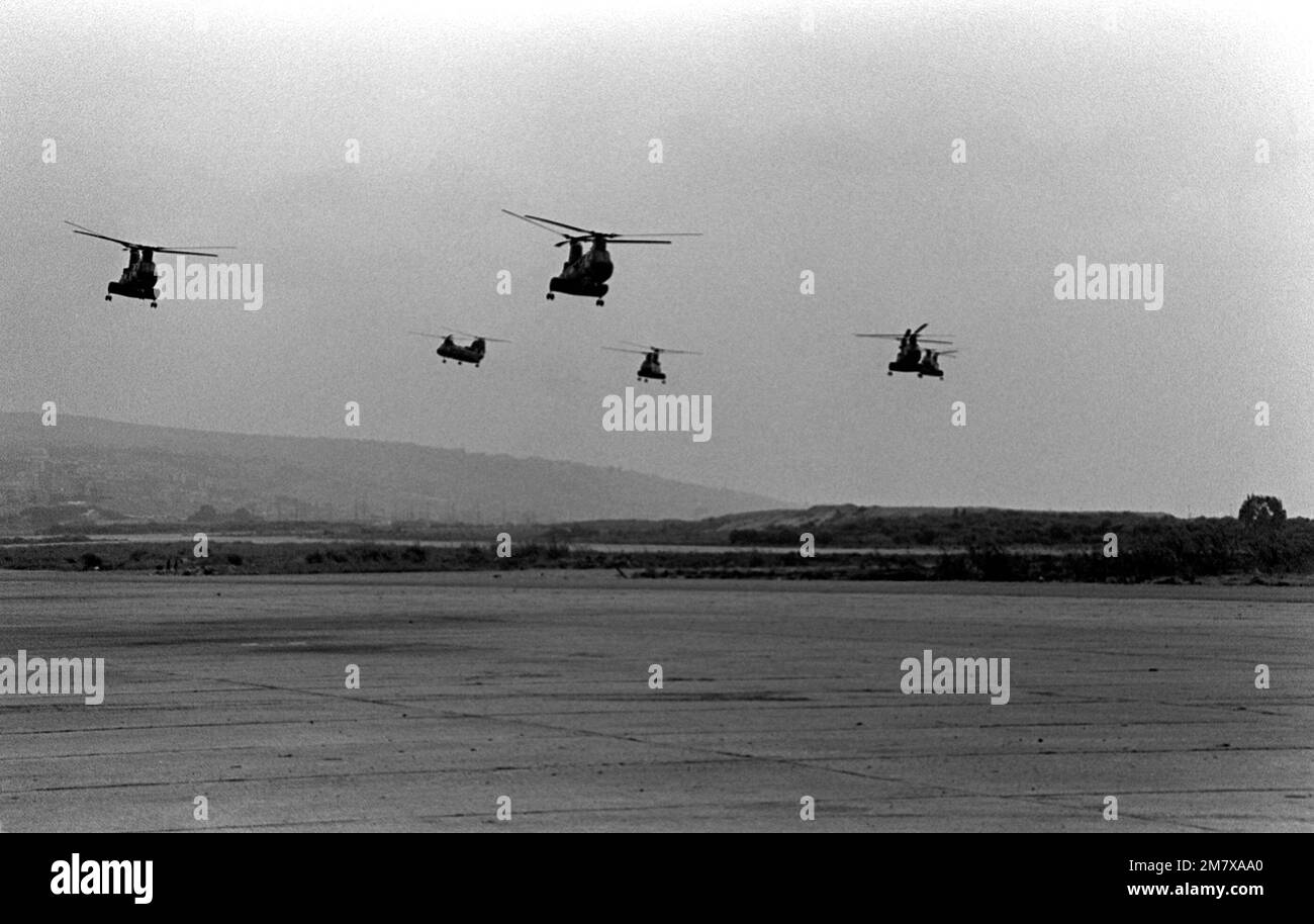 Several CH-46E Sea Knight helicopters approach Beirut International ...