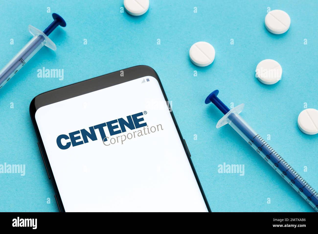 Galicia, Spain; June 8, 2021 : Centene corporation logo on Smart phone ...
