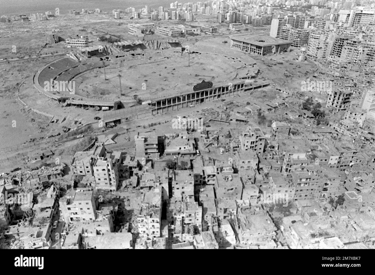 An aerial view of the city which shows buildings damaged by the bombing ...
