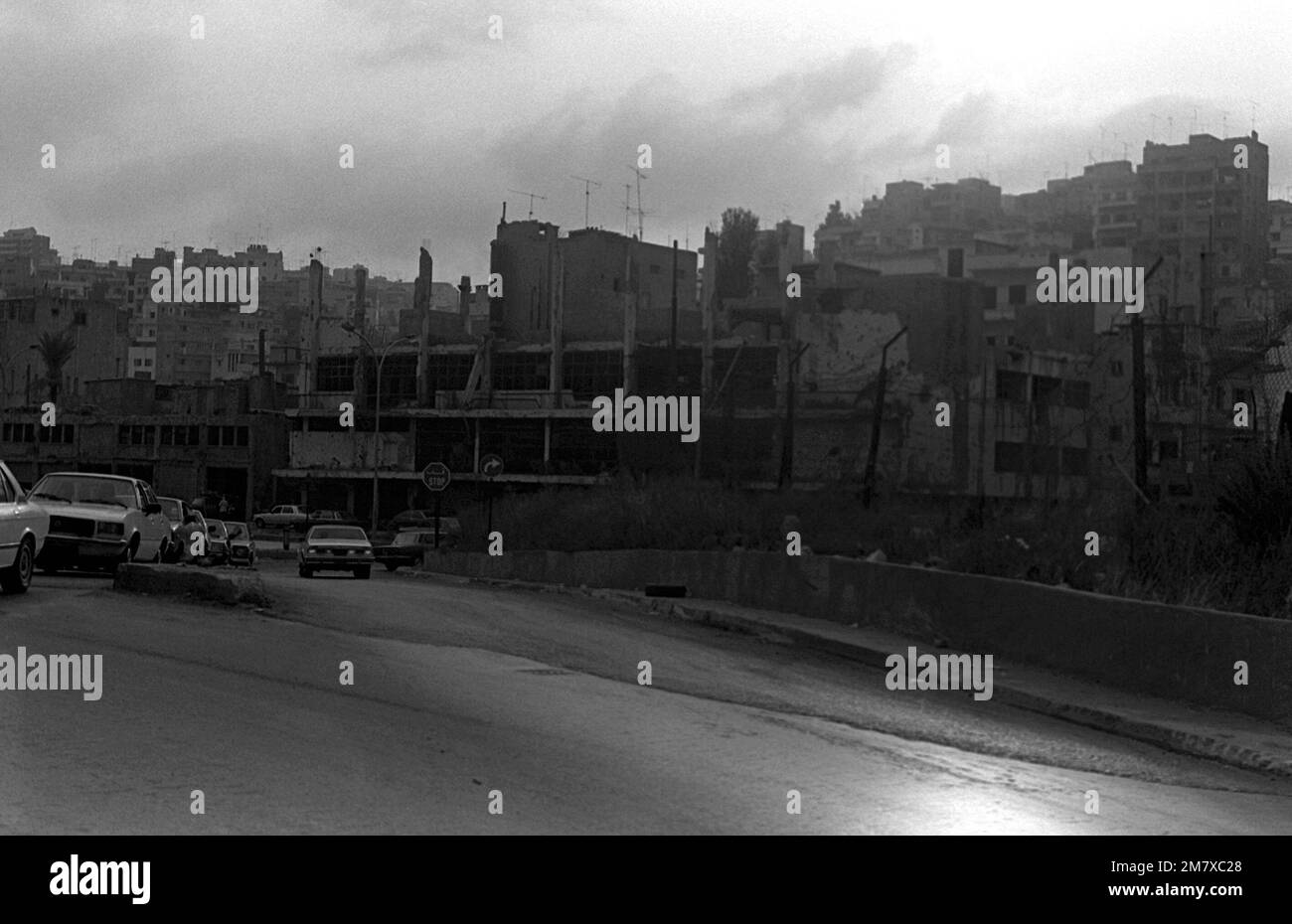 A view of building damaged by bombing during a confrontation between ...