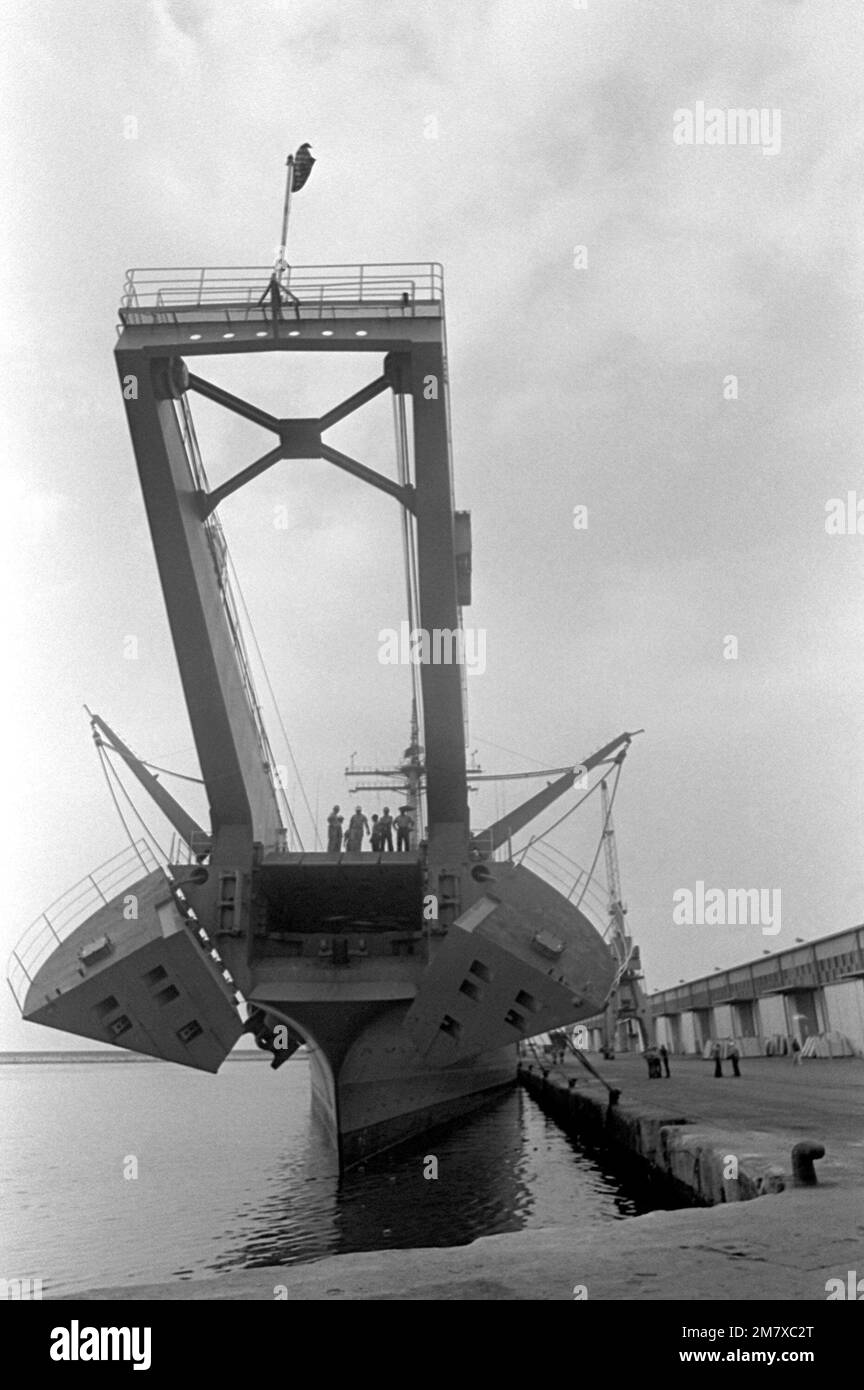 A view of the tank landing ship USS SAGINAW (LST-1188) lowering its ...