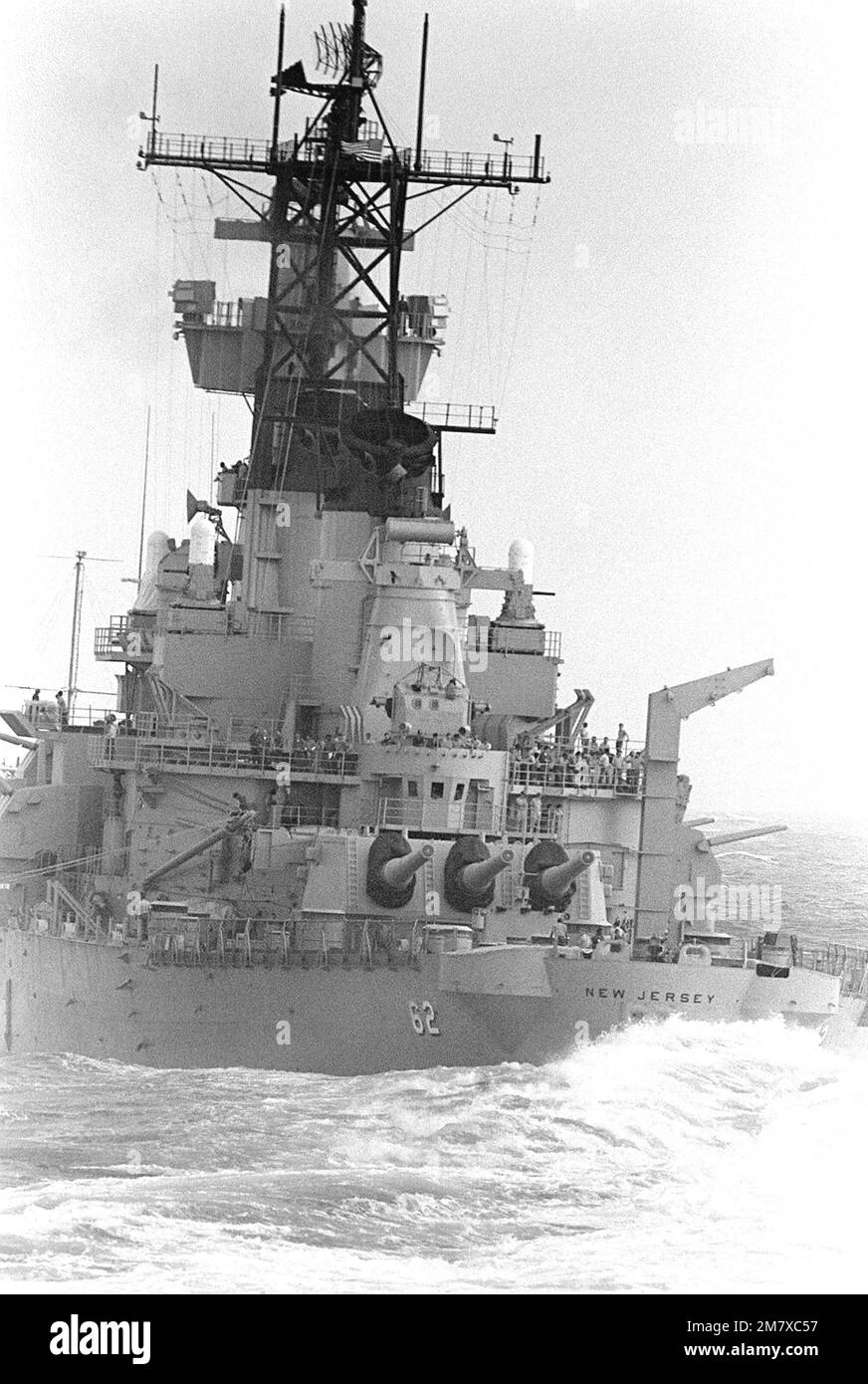 A horizontal port quarter view of the battleship the NEW JERSEY (BB-62 ...