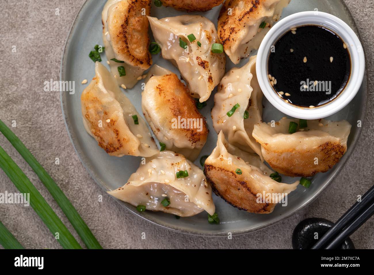 Taiwanese and Japanese Pan-fried gyoza dumpling jiaozi food in a plate with soy sauce on gray ...