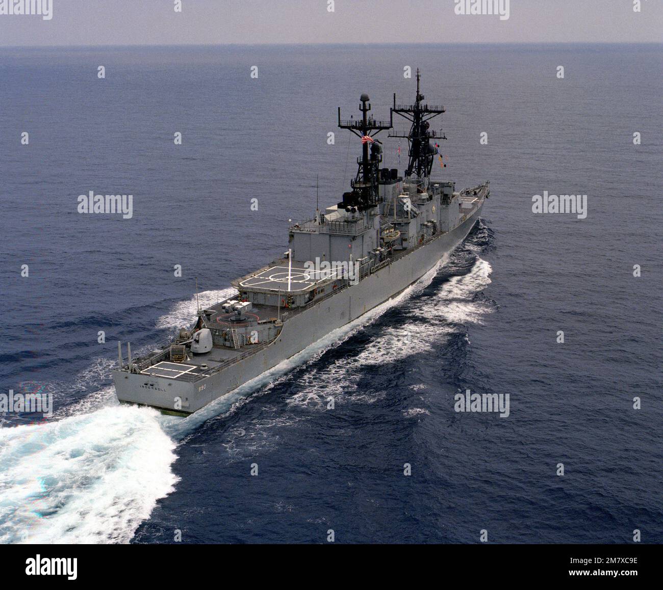 An aerial starboard quarter view of the Spruance class destroyer USS ...