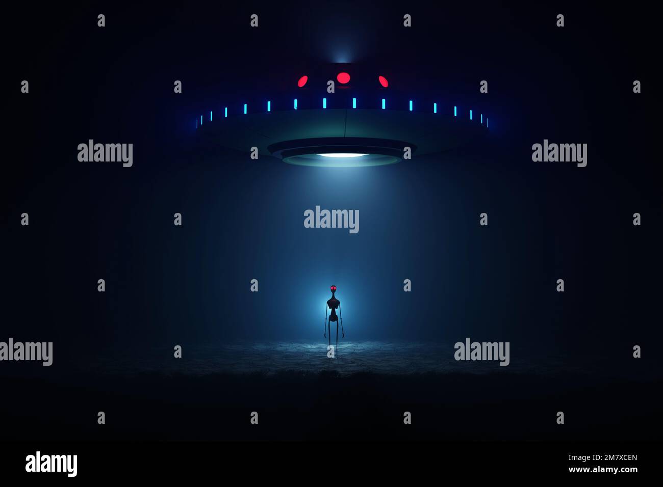 Alien standing underneath an flying saucer on gradient blue background ...