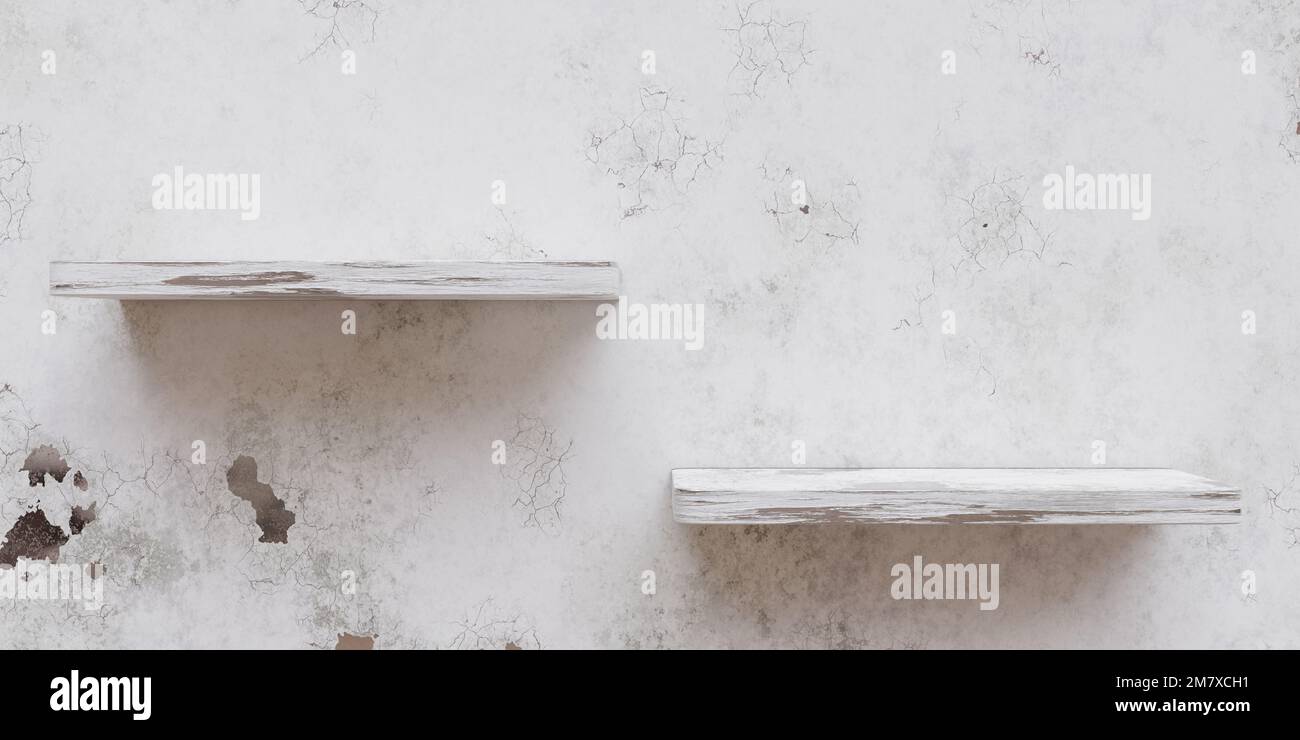 Two wooden old shelf on white color wall background. White peeled small ...