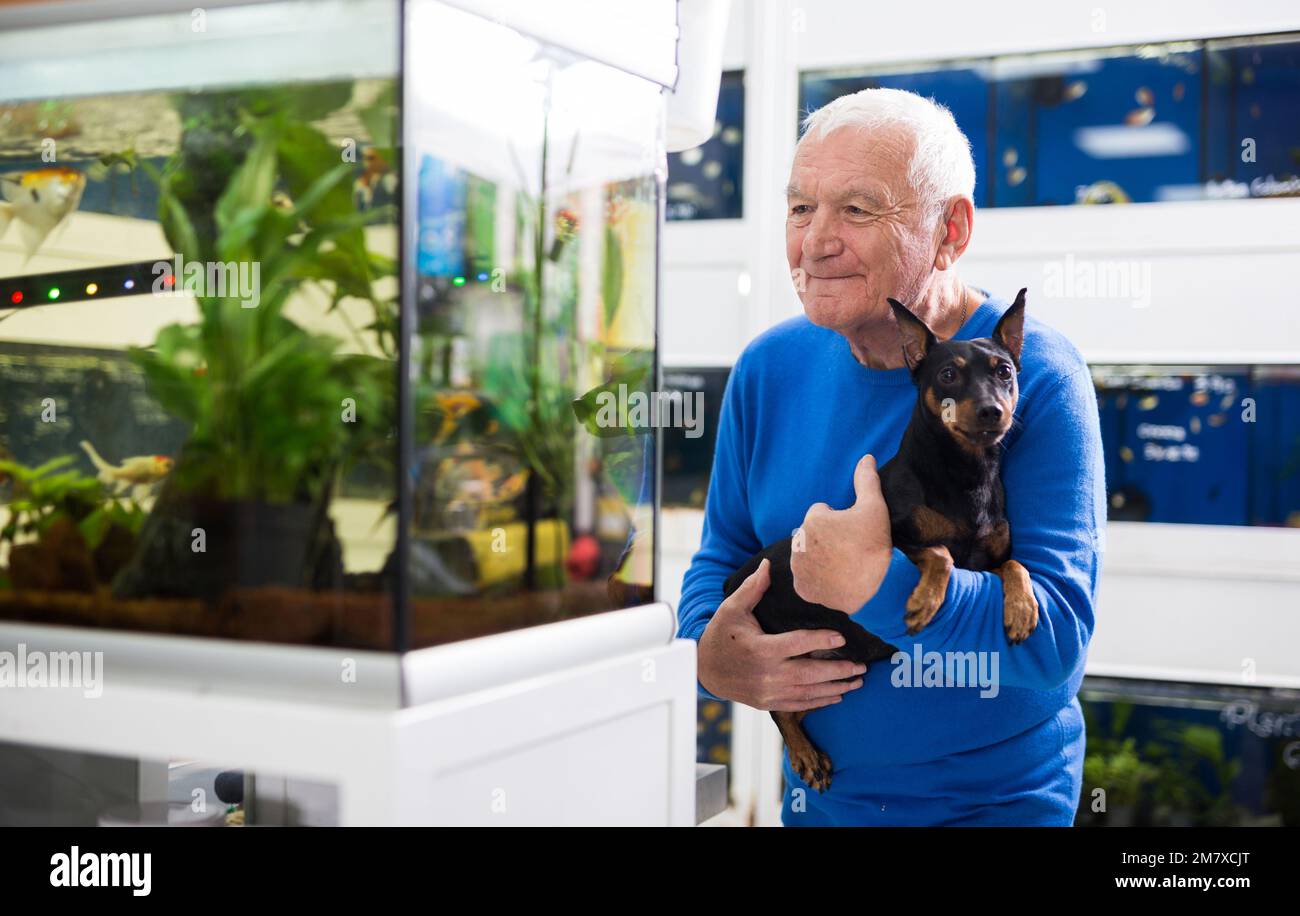 Positive elderly pensioner with a dog in his arms chooses aquarium fish ...