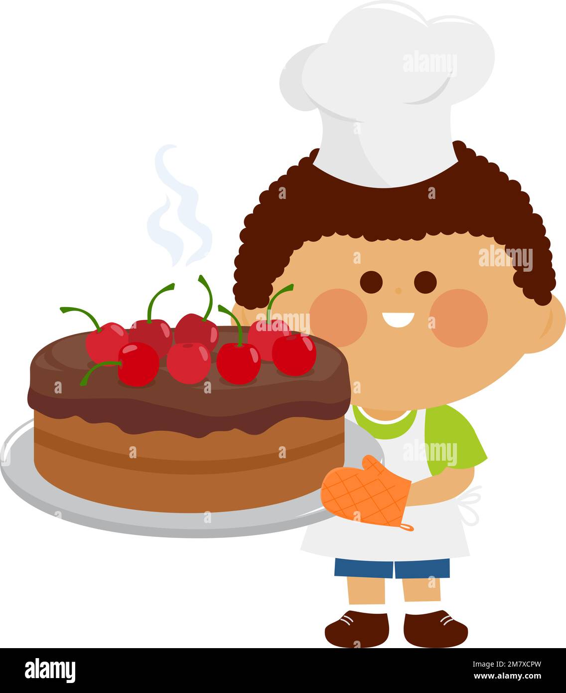 Boy cook in apron holding a tray with freshly baked cherry cake. Vector ...