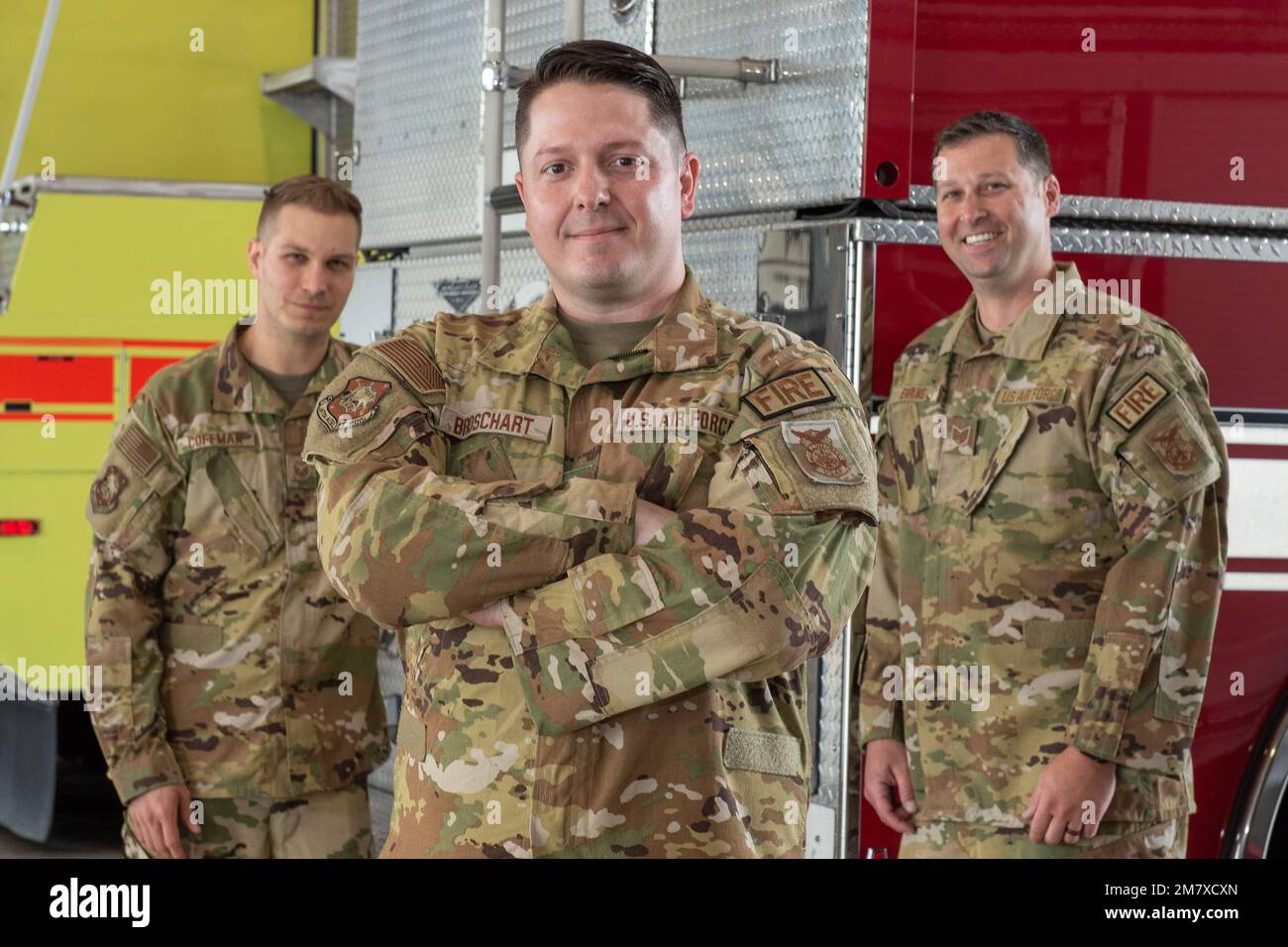 U.S. Air Force Master Sgt. Donald Broschart, center, is a fire services ...