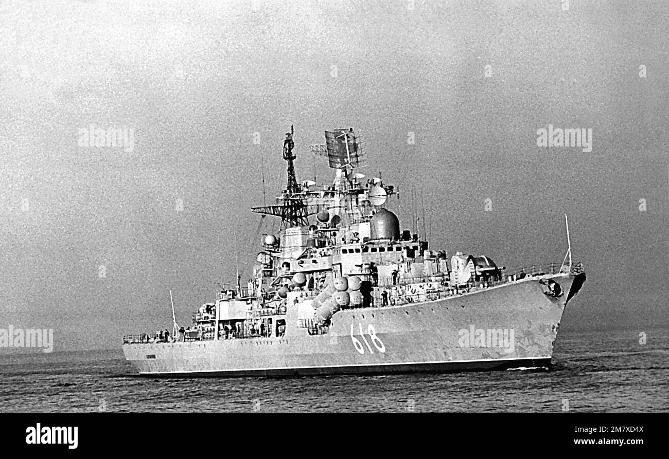 A starboard bow view of the Soviet SOVREMENNYY class guided missile ...