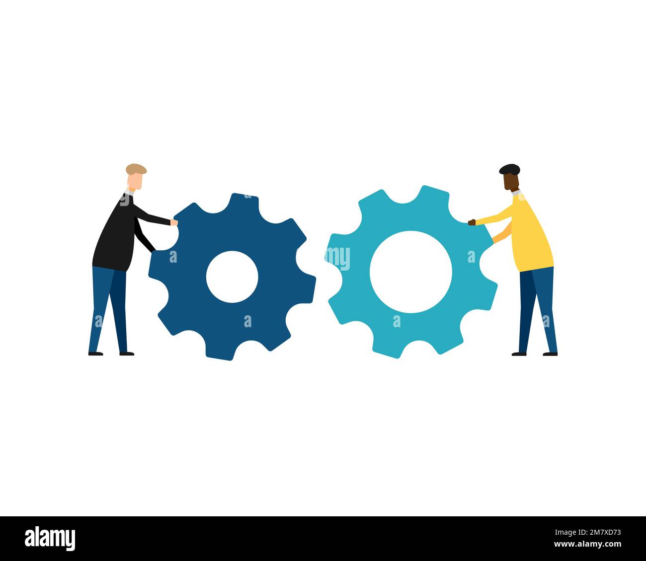 People pulling huge cogwheels towards each other. Vector illustration ...