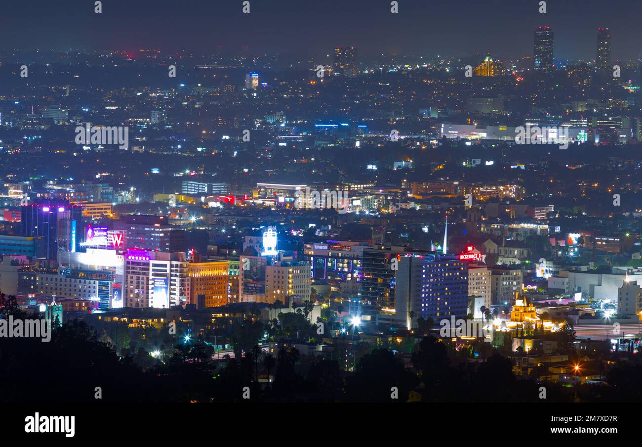 An aerial night view of L.A. looking towards Hollywood in Los Angeles ...
