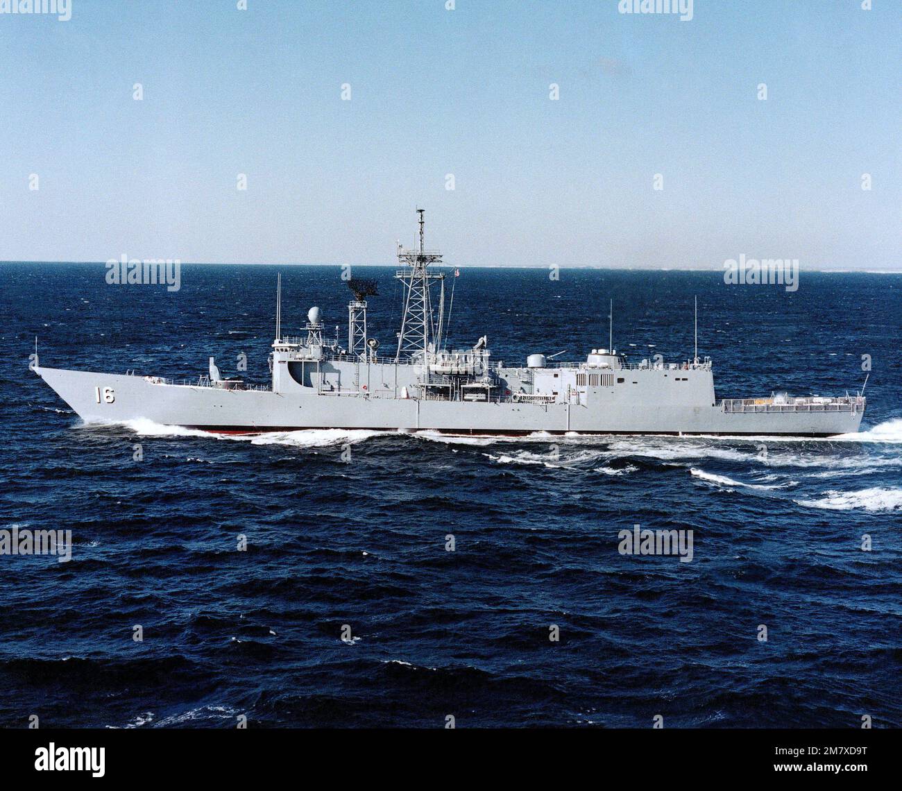 An aerial port beam view of the guided missile frigate USS CLIFTON ...