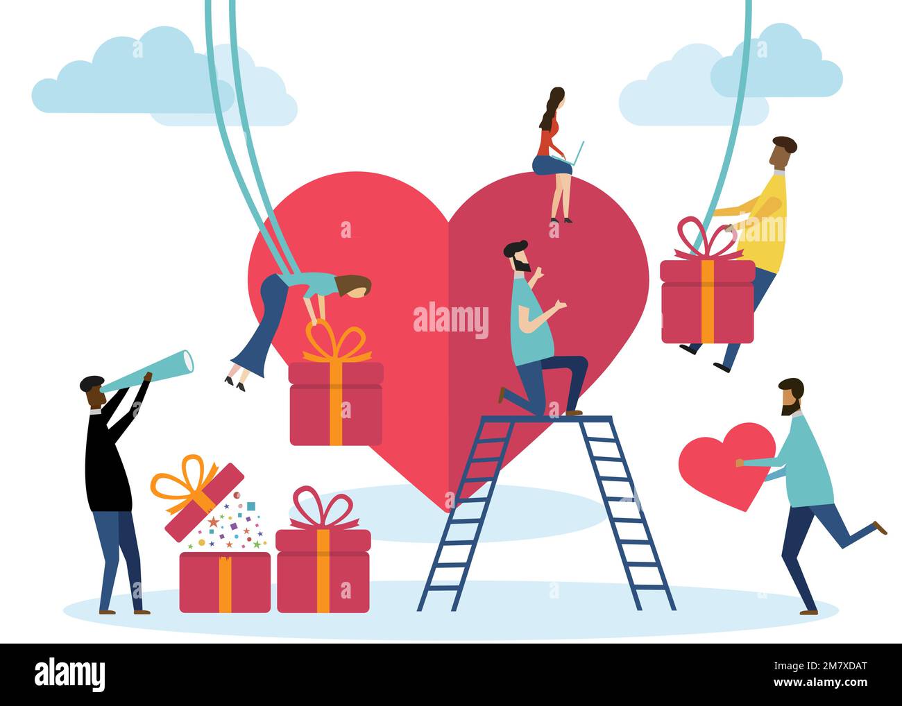 Valentine's Day, teamwork concept isolated on white background. Vector ...