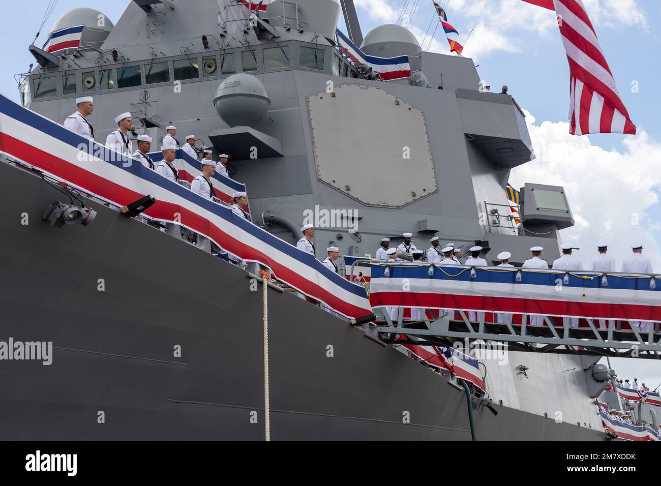 U.S. Sailors assigned to the USS Frank E. Petersen Jr. (DDG 121) man ...
