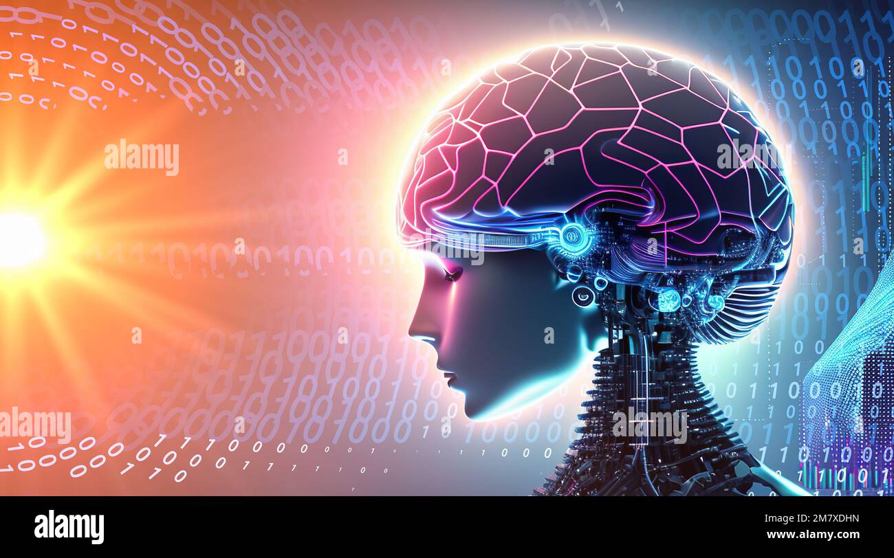 Artificial intelligence. AI head with neural network brain hanging over ...