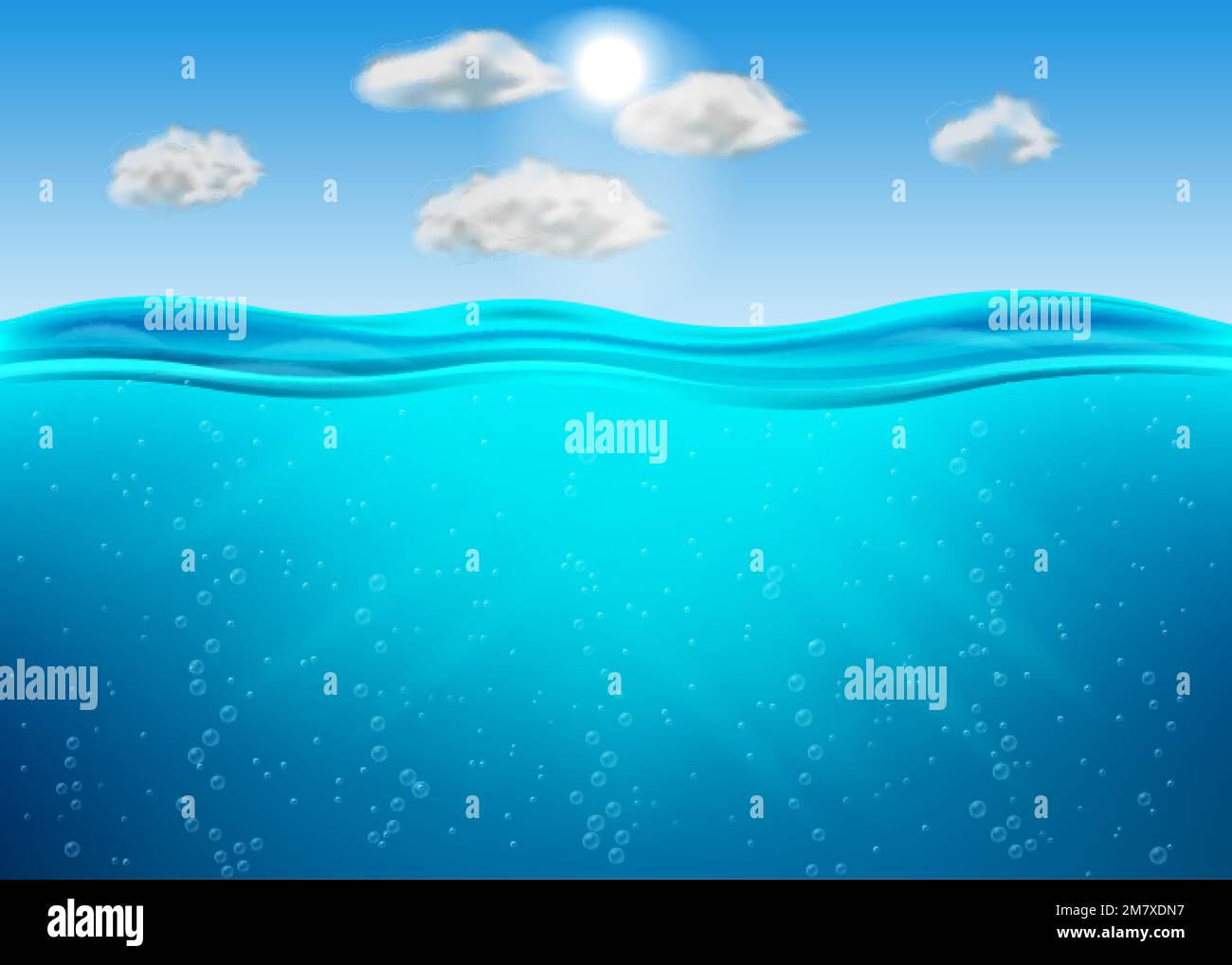 Ocean deep water, sea under water level, sun rays blue wave horizon ...