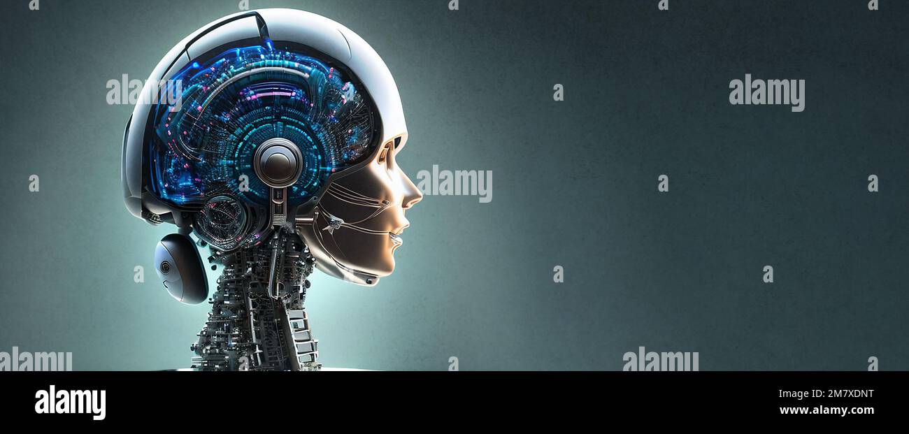 Artificial intelligence, humanoid cyber girl with neural network thinks. futuristic digital and ...