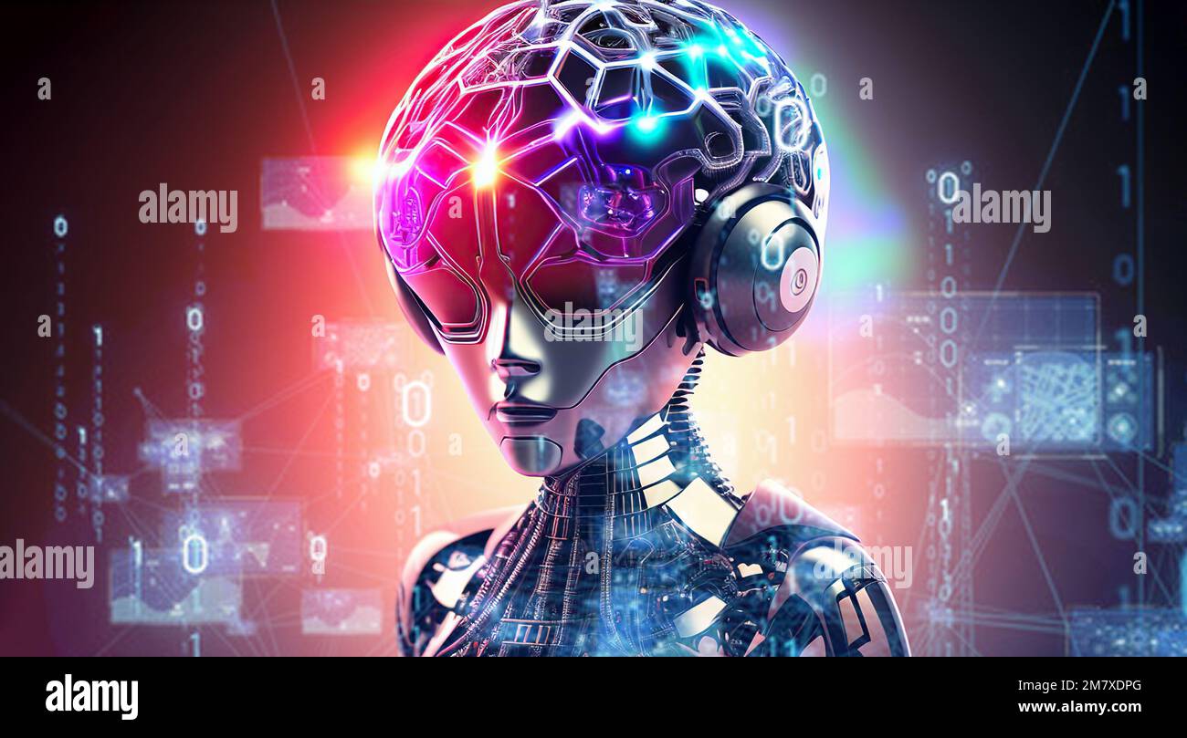 Artificial intelligence. AI head with neural network brain. Wise female face in cyberspace ...