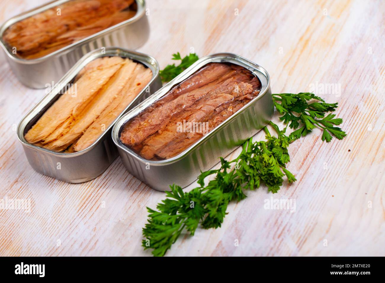 Can of melva fillets in oil with greens Stock Photo - Alamy