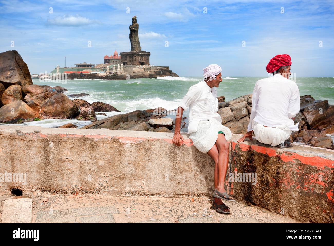 Kanyakumari, India-September 9, 2012. Two Hindu pilgrims watching the ...