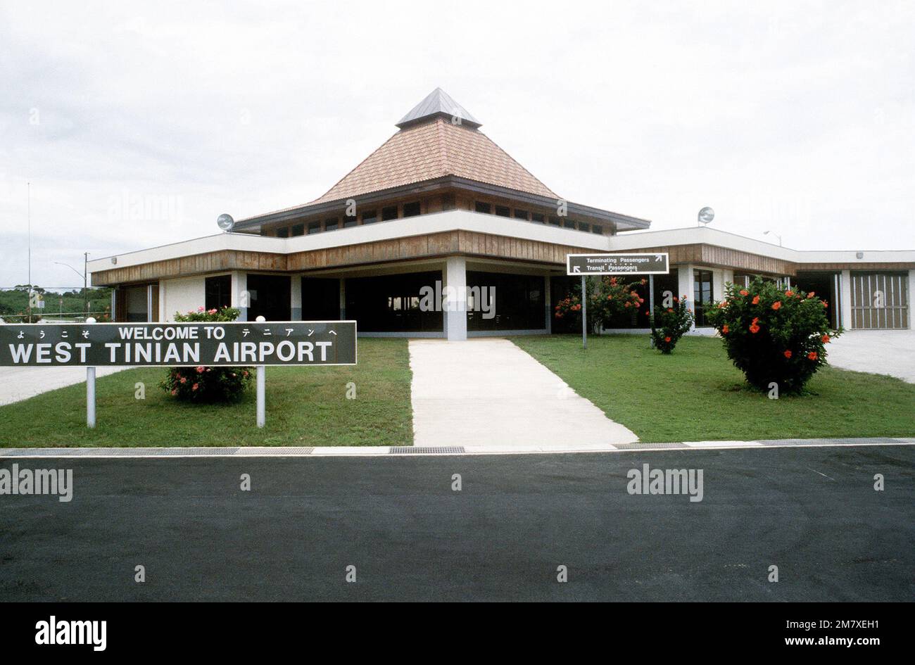 A view of the front of West Tinian Airport's passenger terminal, during ...