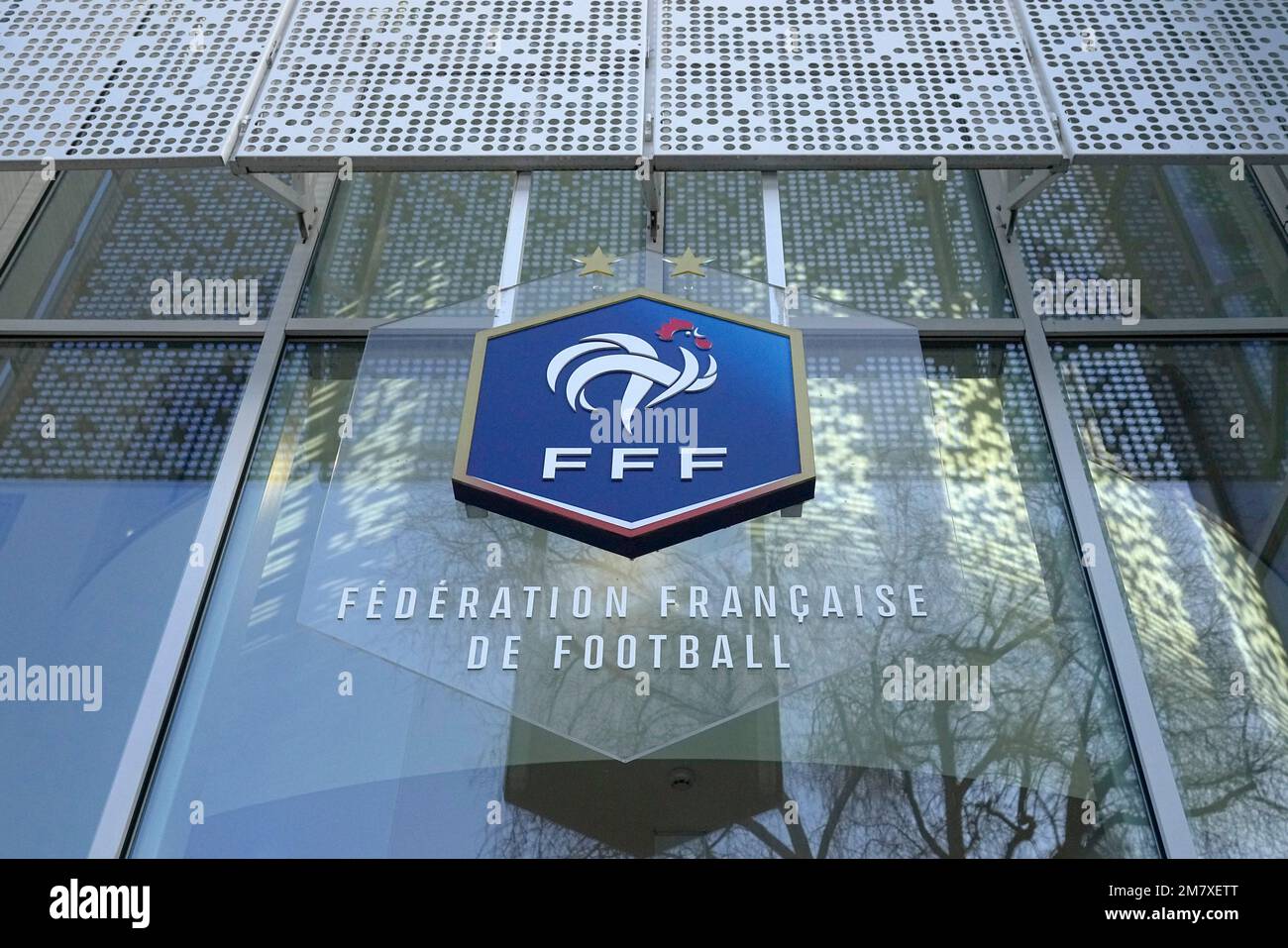 The logo of the French soccer federation is pictured on its ...