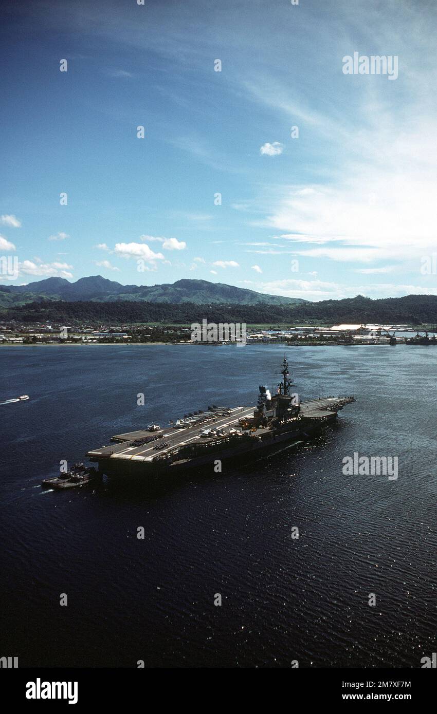 A starboard quarter view of the aircraft carrier USS MIDWAY (CV-41 ...