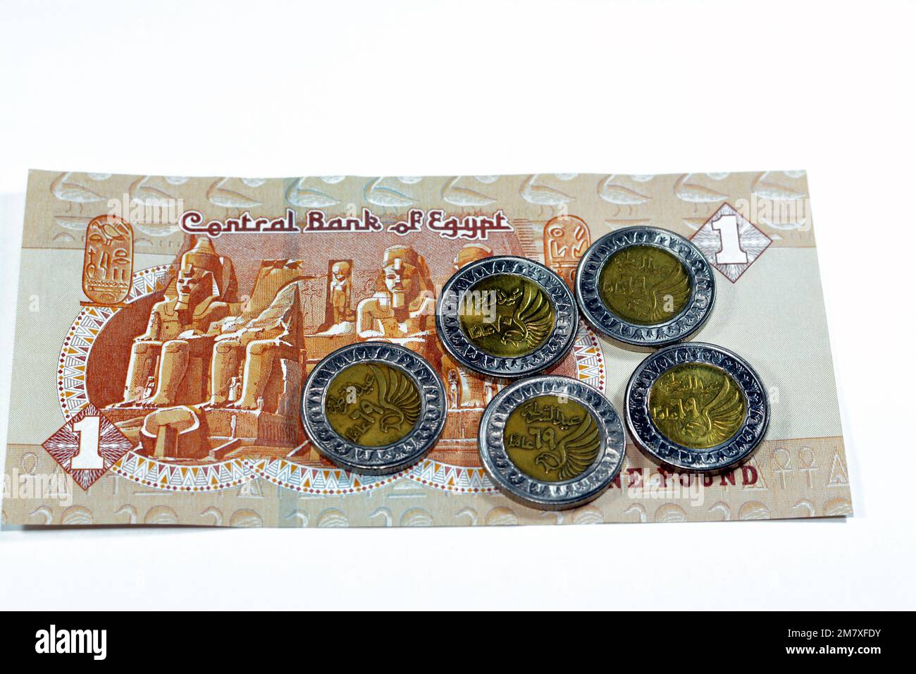 Egyptian 1 LE EGP One Egyptian pound coins on Egyptian banknote ...