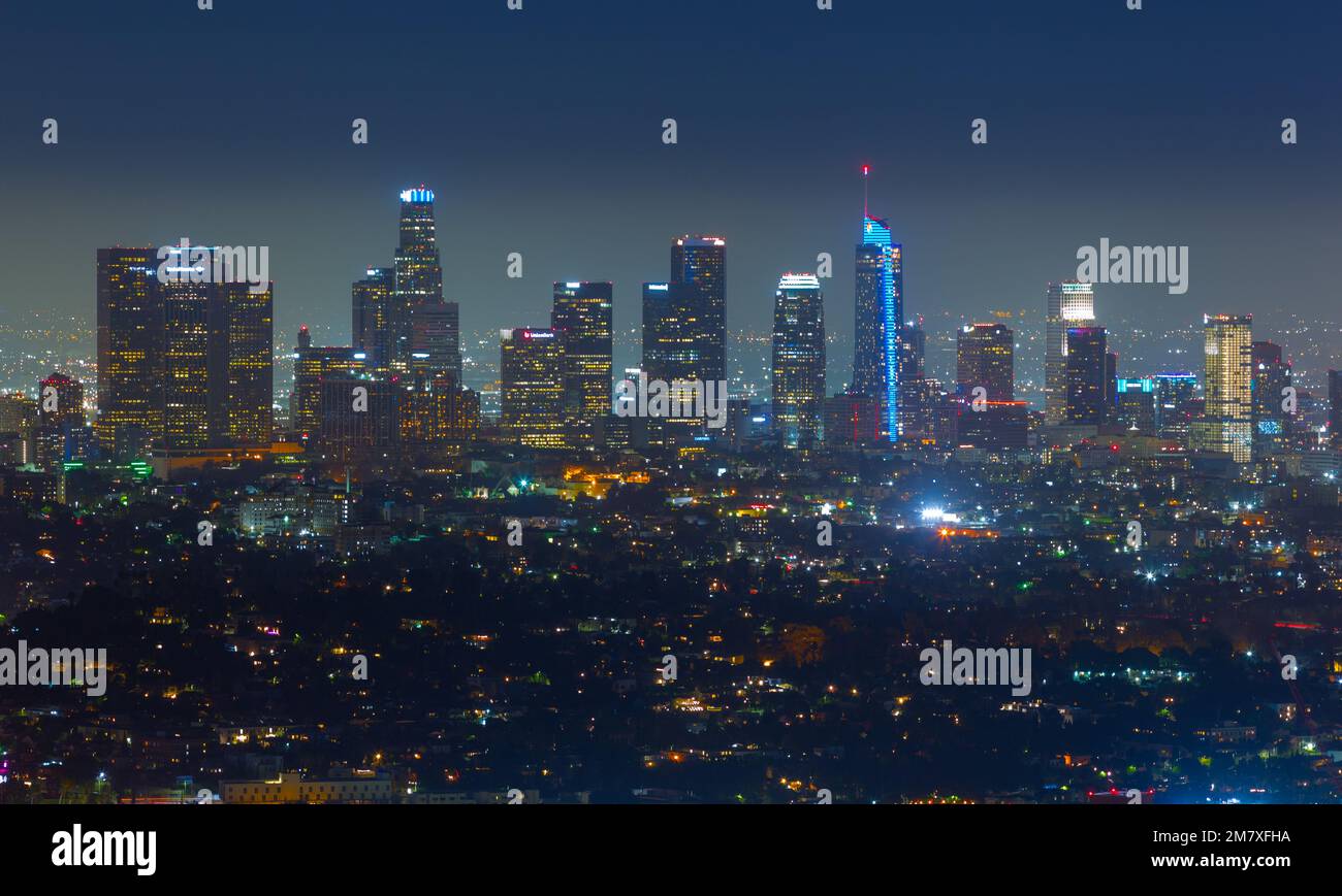 An aerial night-time view of L.A. and the Downtown Financial District ...