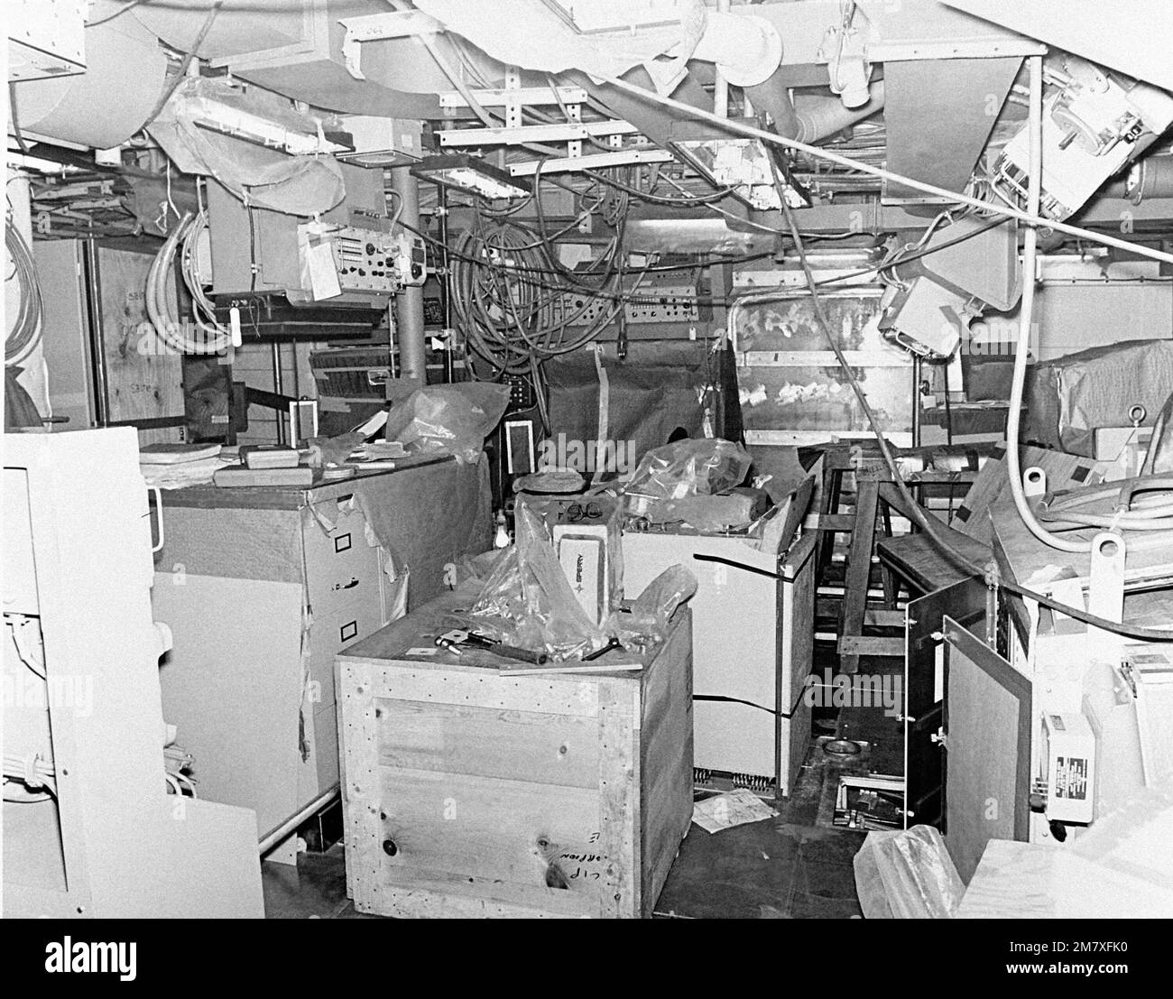 An interior view of the combat information center on the guided missile ...