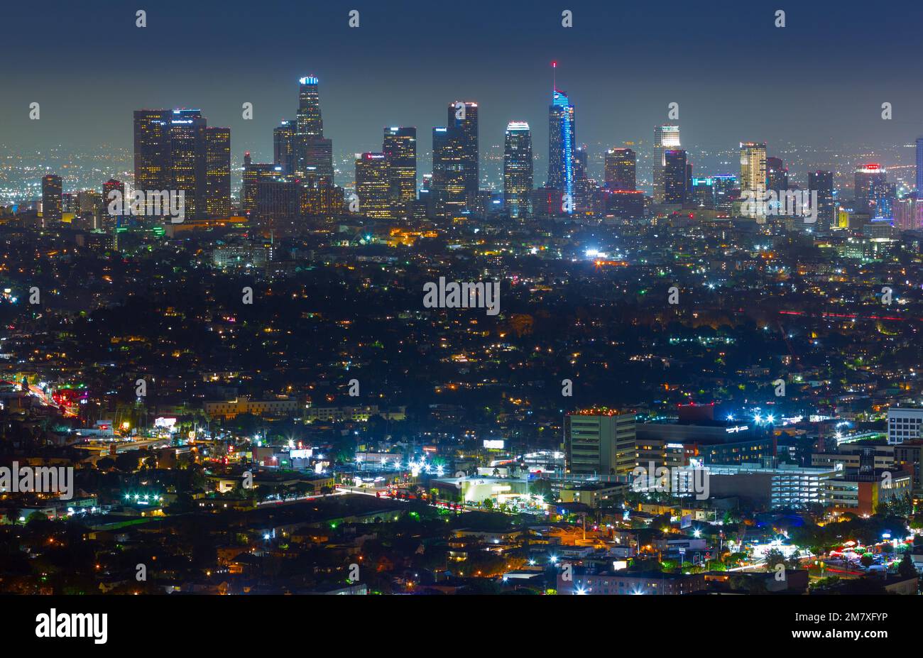 An aerial night-time view of L.A. and the Downtown Financial District ...
