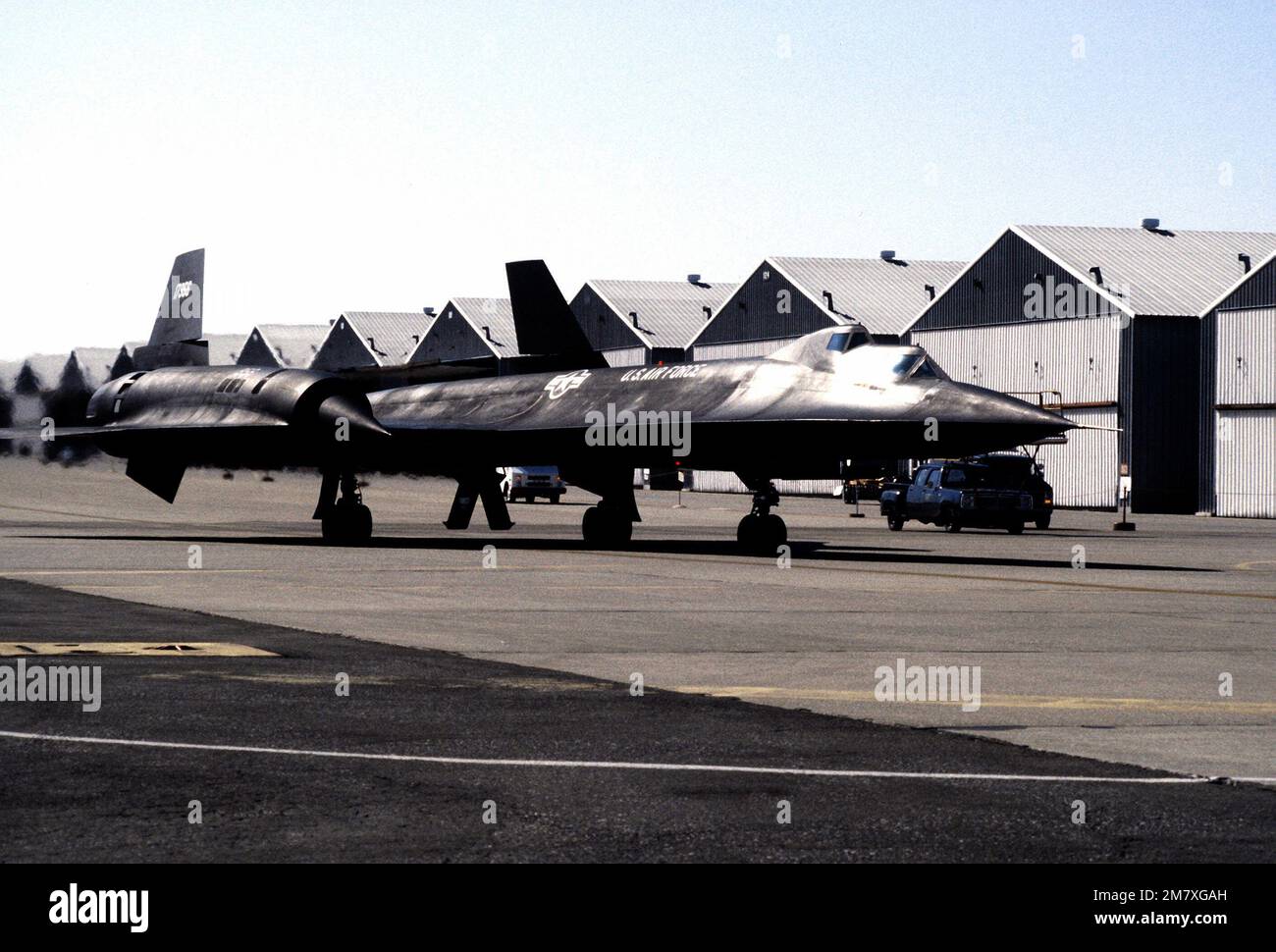 A left front view of an SR-71 Blackbird aircraft piloted by ...
