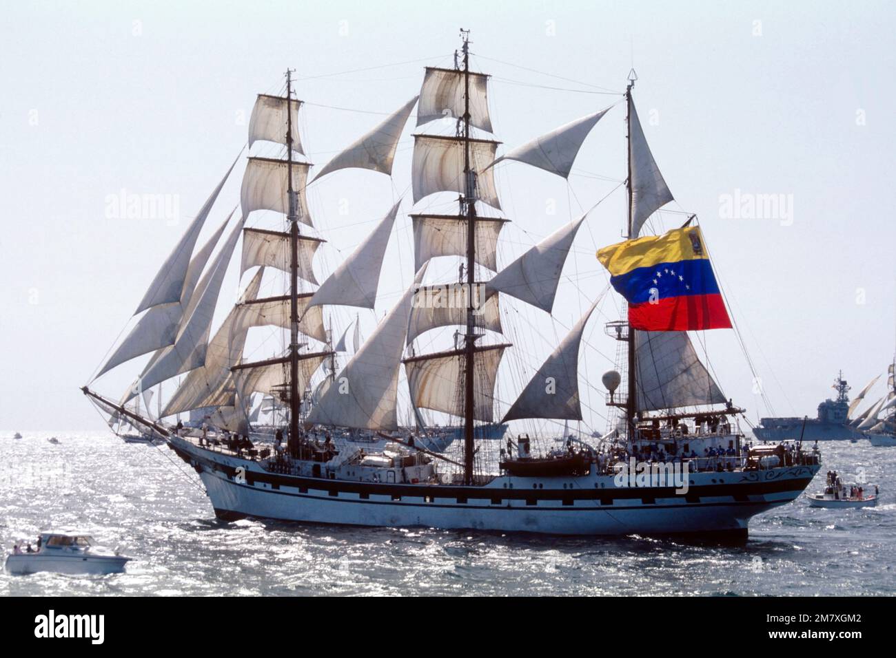 Venezuelan tall ship Simon Bolivar, race start, Cadiz, 1992 Stock Photo ...