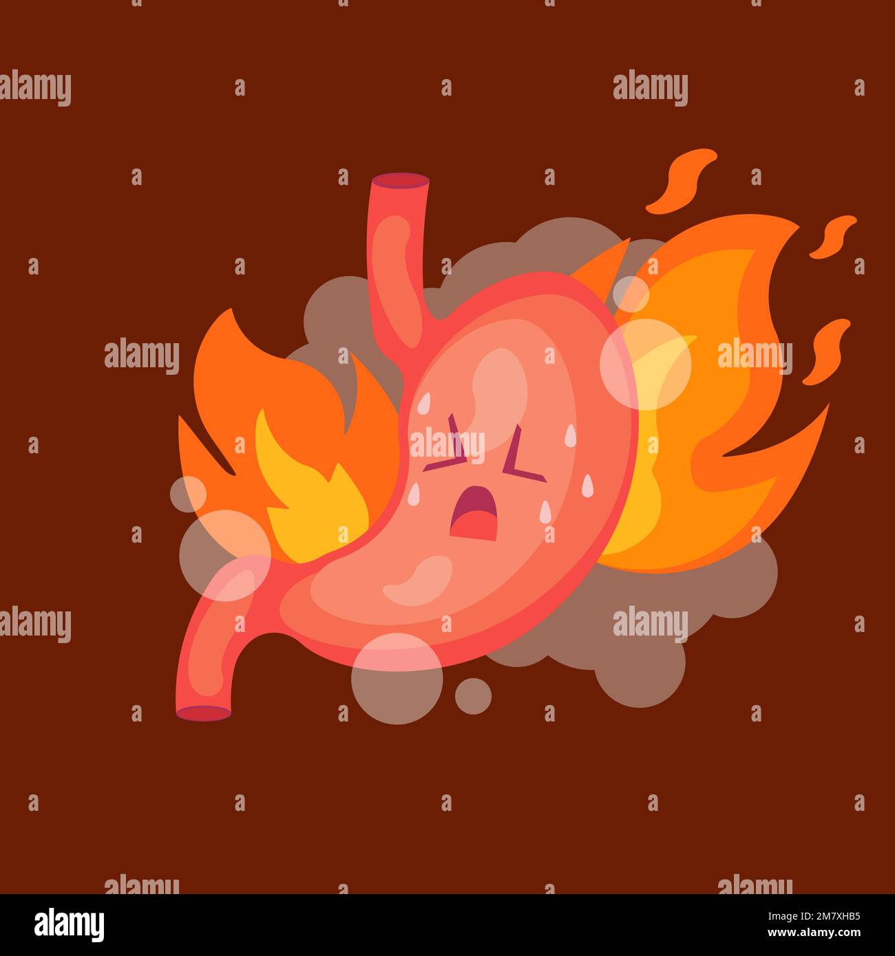 Stomach heartburn. Stomach with Fire. isolated on white background ...