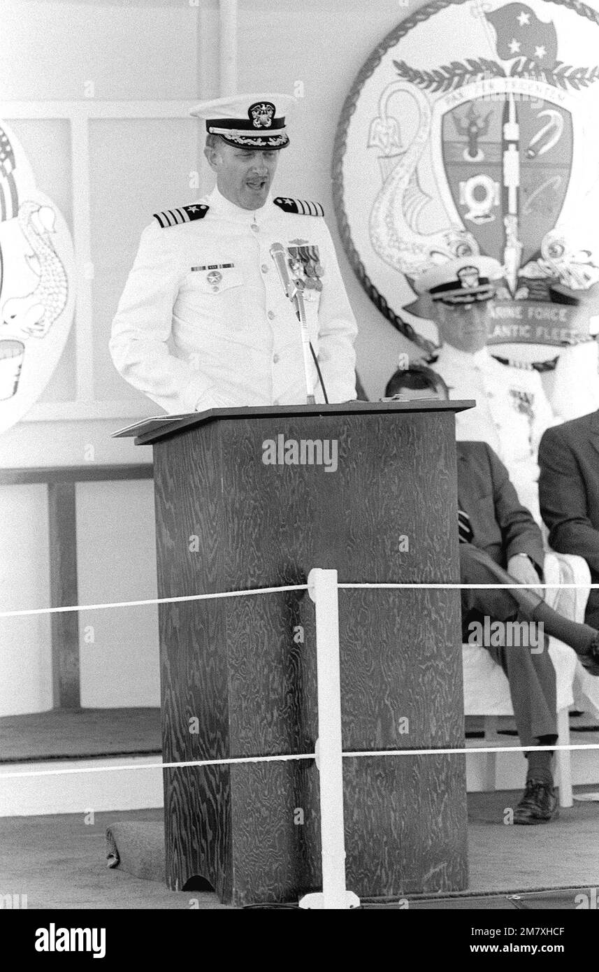 CAPT G.H. Mensch, commanding officer, speaks during the commissioning ...