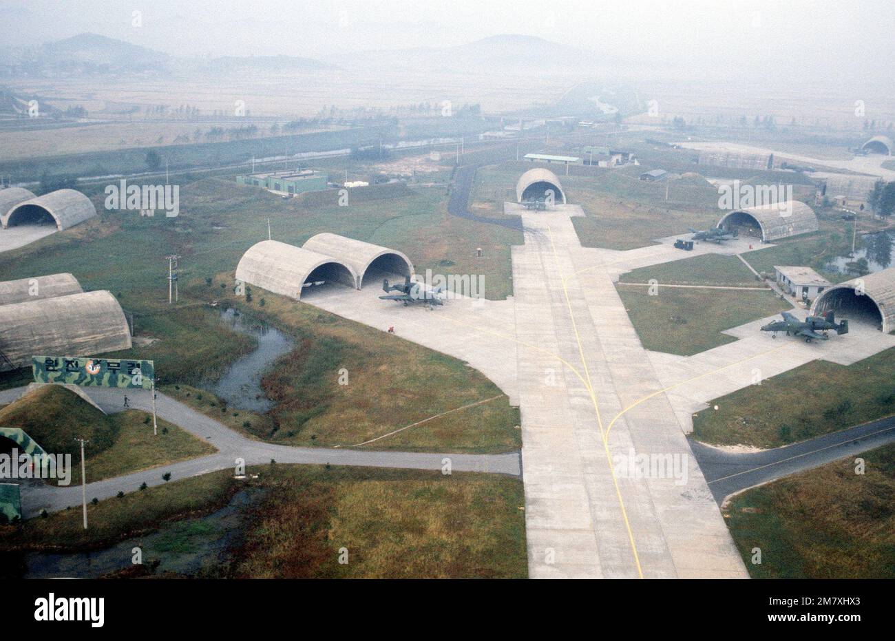 An aerial view of the A-10 Thunderbolt II aircraft parking area showing ...
