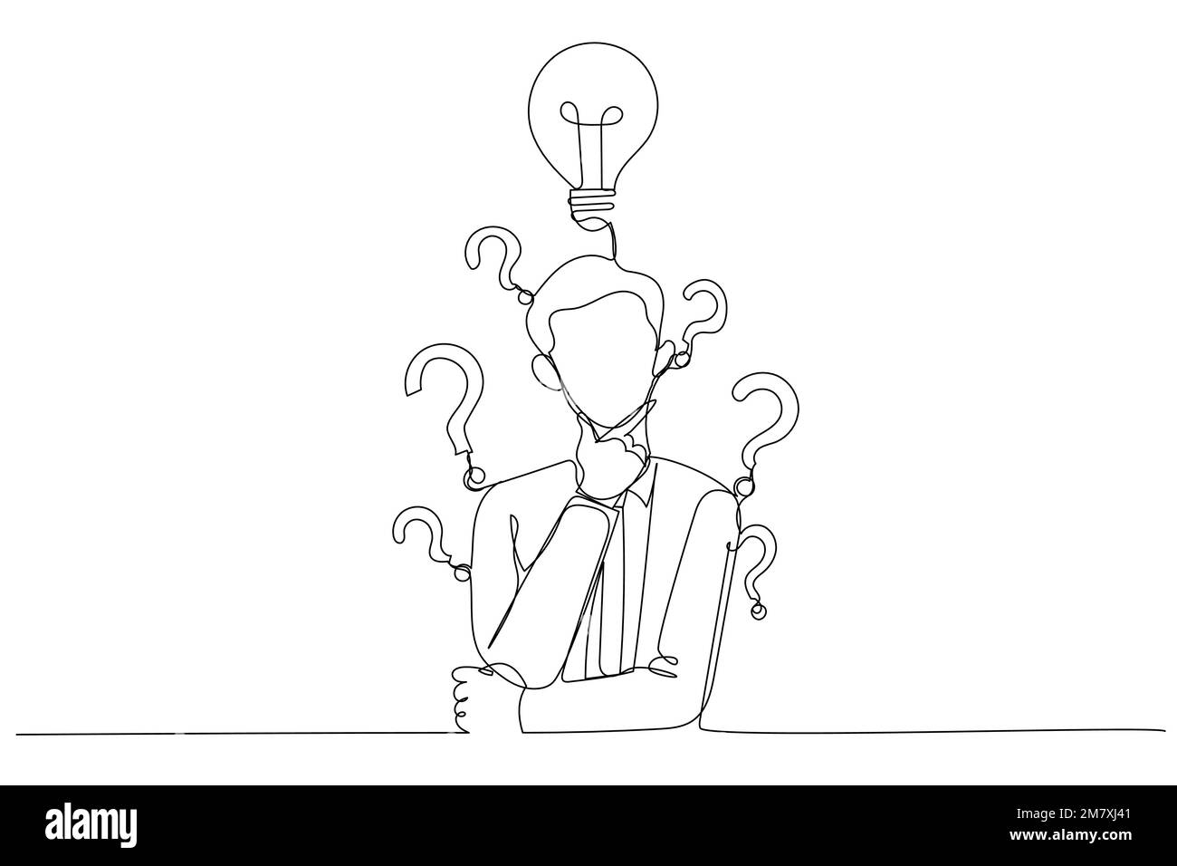 Drawing of businessman with question mark and lamp. Continuous line art ...