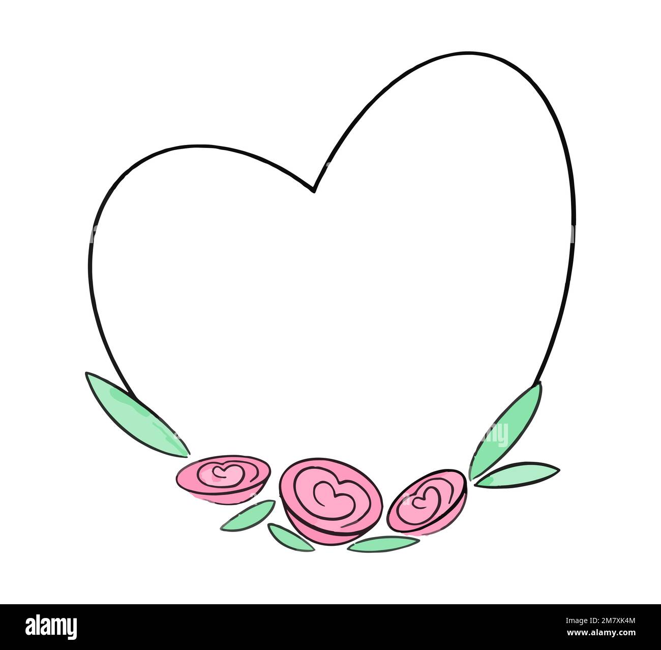 Heart shaped vector frame decorated with roses and peonies hand drawn ...