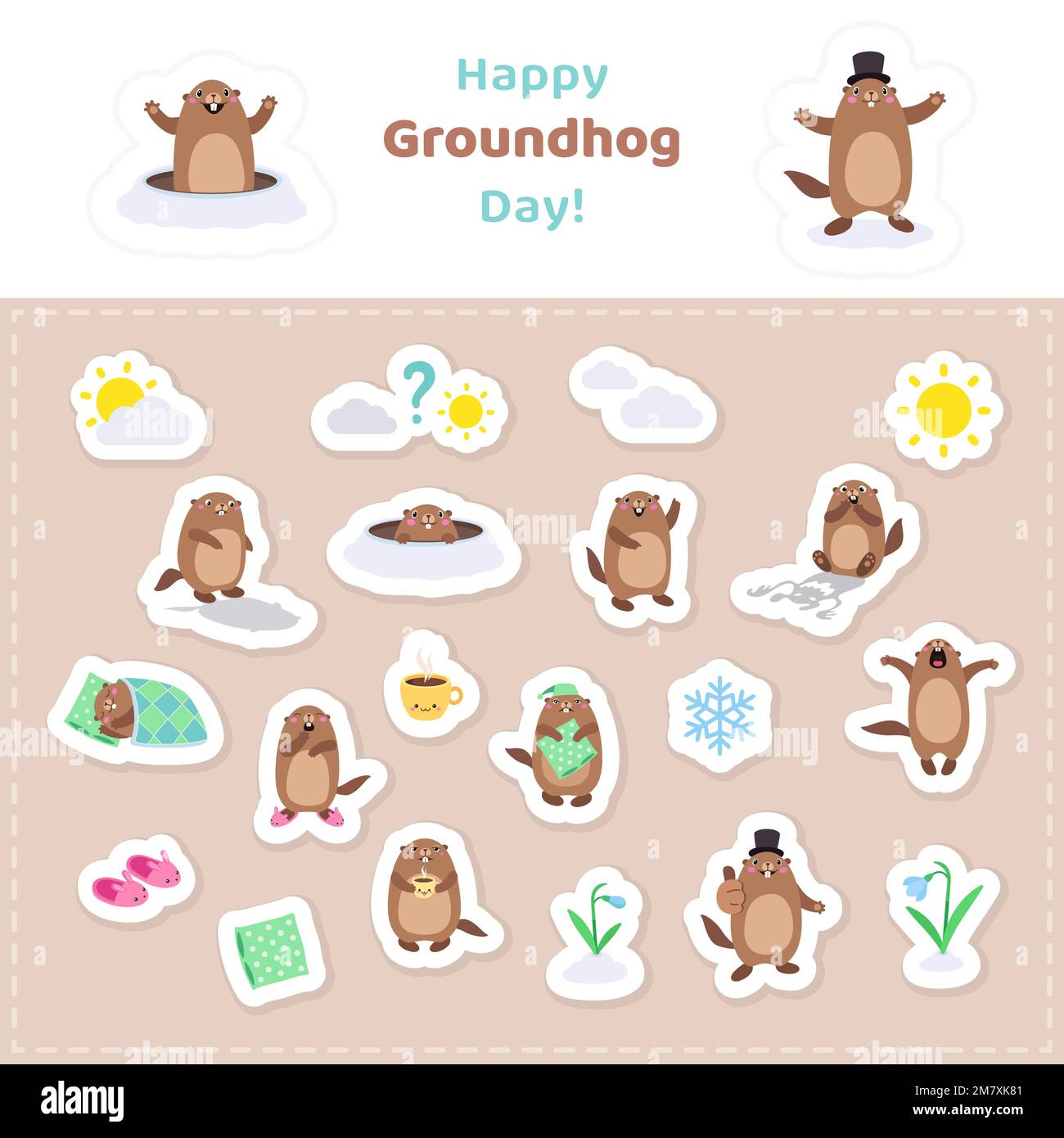 Big sticker pack with cute cartoon groundhog. Printable vector ...