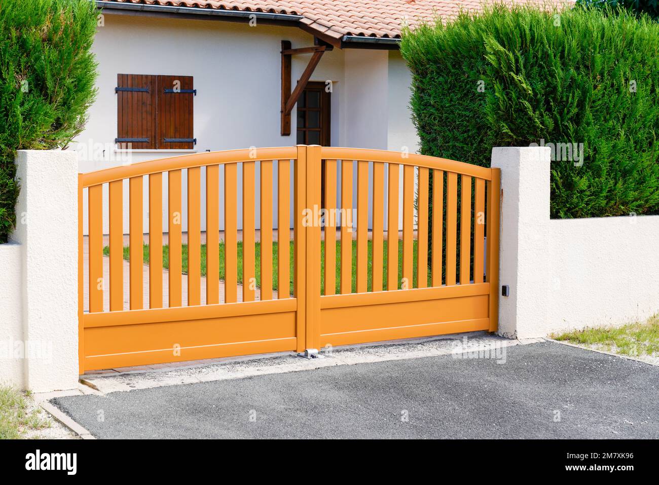 orange brown street home door aluminum gate slats portal of suburb ...