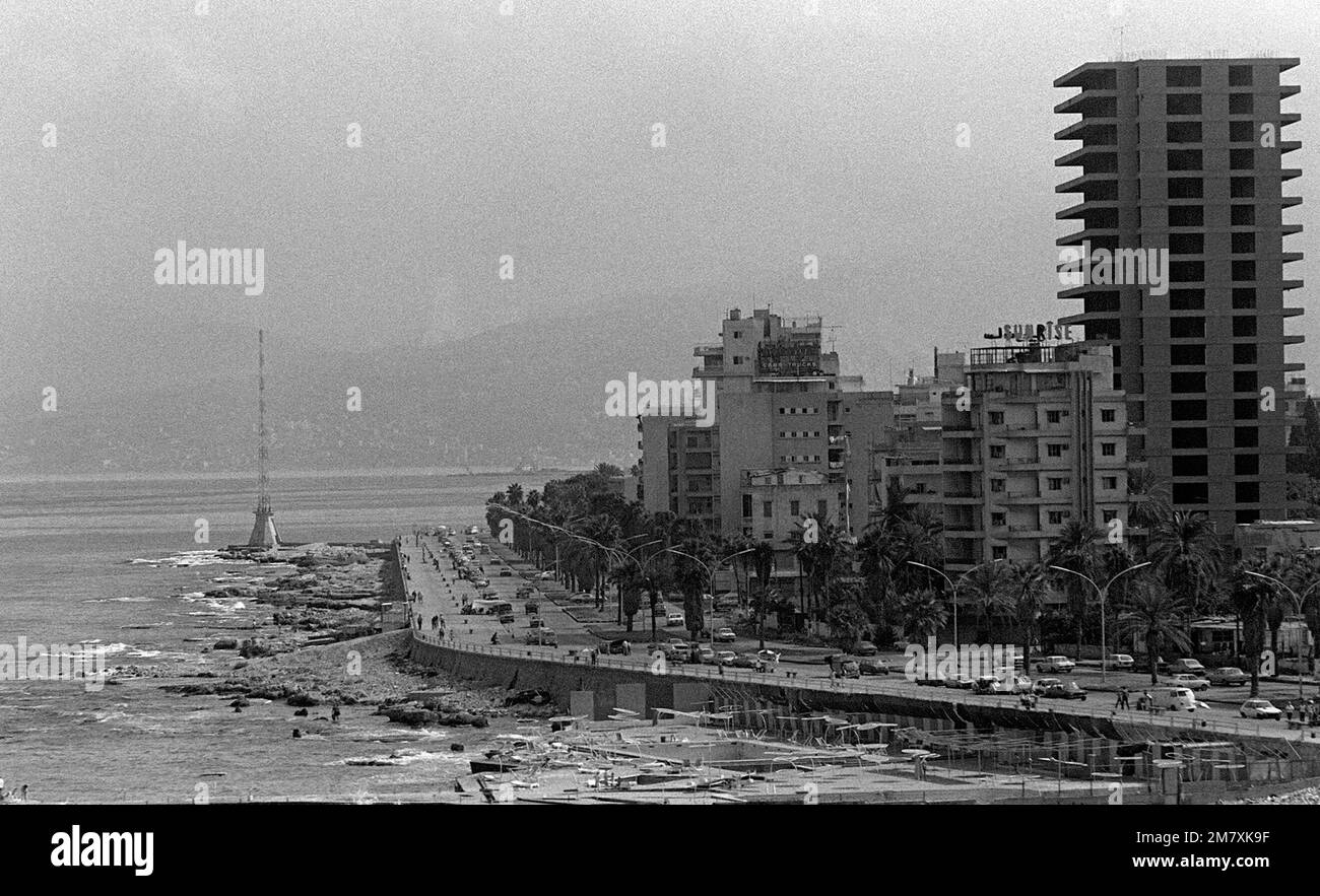 An aerial view of buildings along the waterfront, taken from a Marine ...