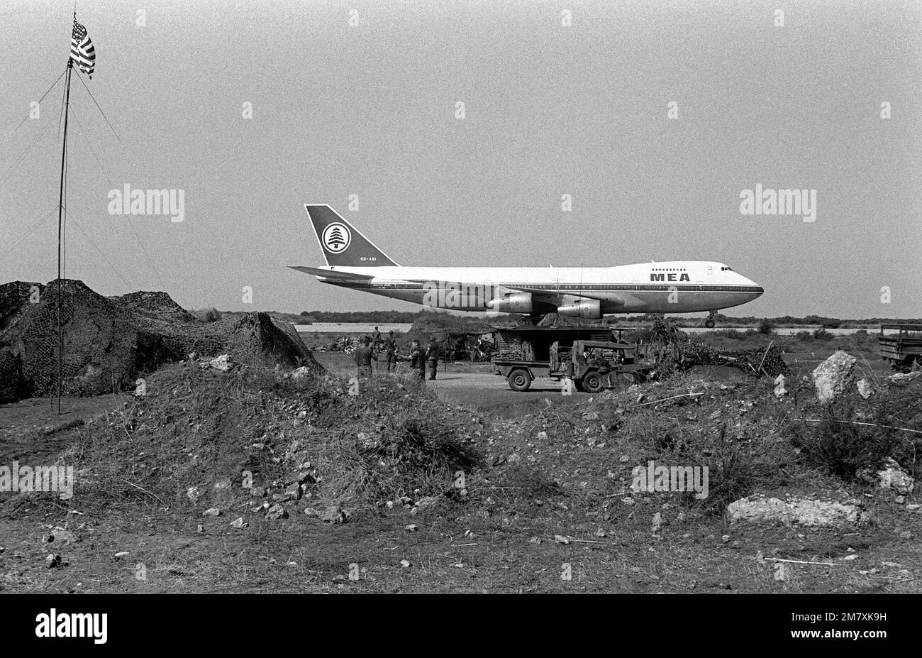 A right side view of a Middle East Airlines 747 aircraft parked near a Marine campsite at Beirut ...