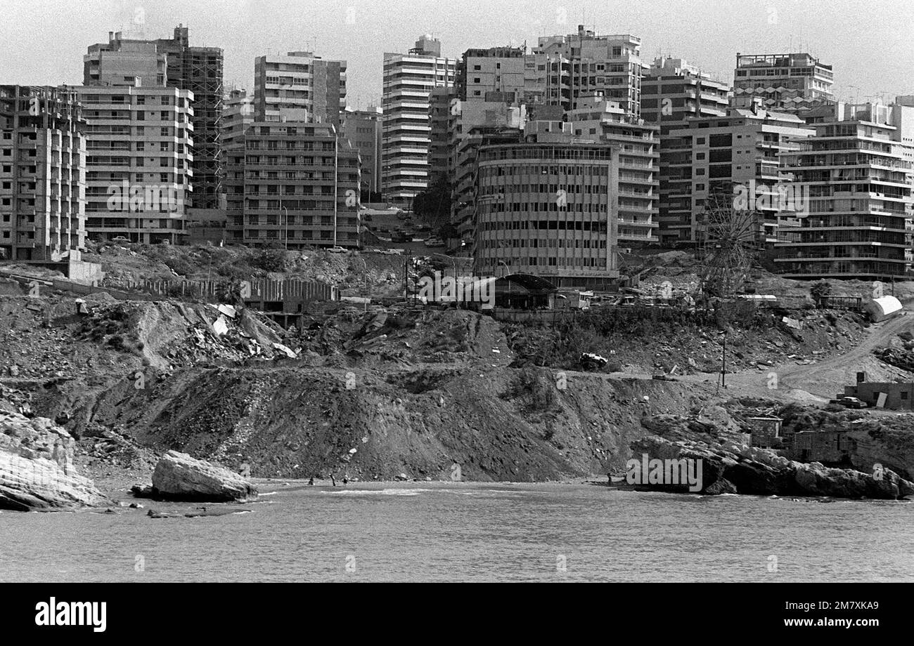 An aerial view of buildings along the waterfront, taken from a Marine ...