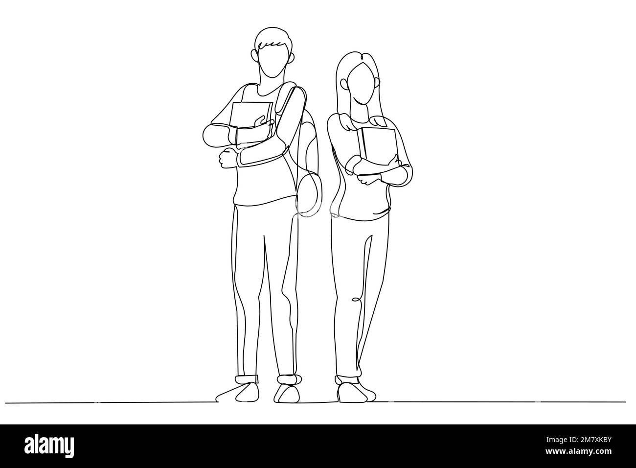 Drawing of young students couple standing and posing in front of campus ...