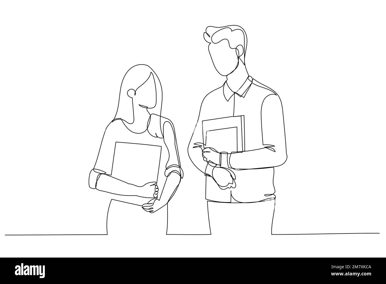 Drawing of two students in love communicate during break holding ...