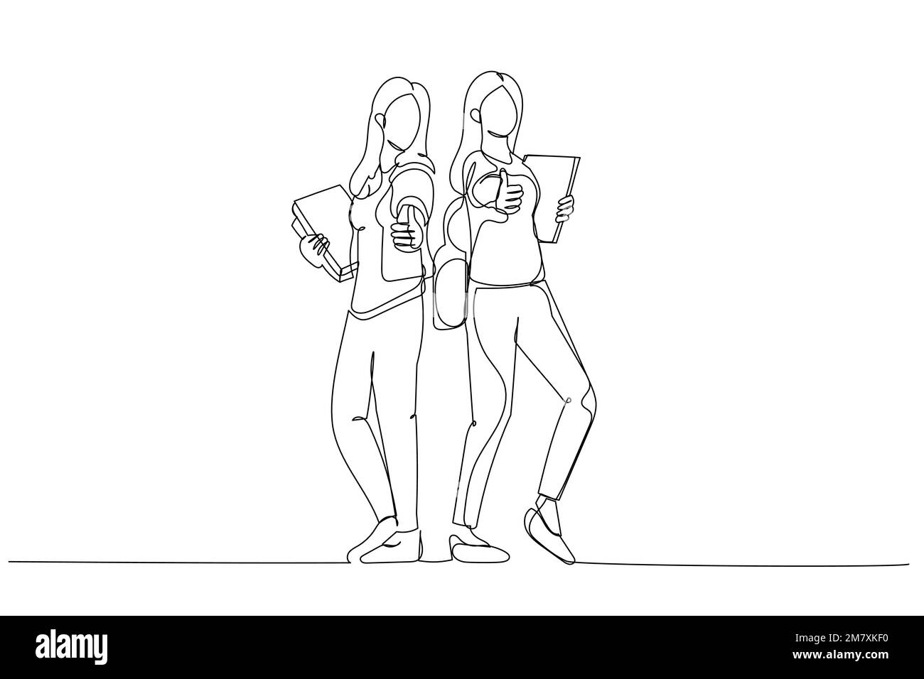 Illustration of young asian students with thumbs up standing and posing. Single line art style ...